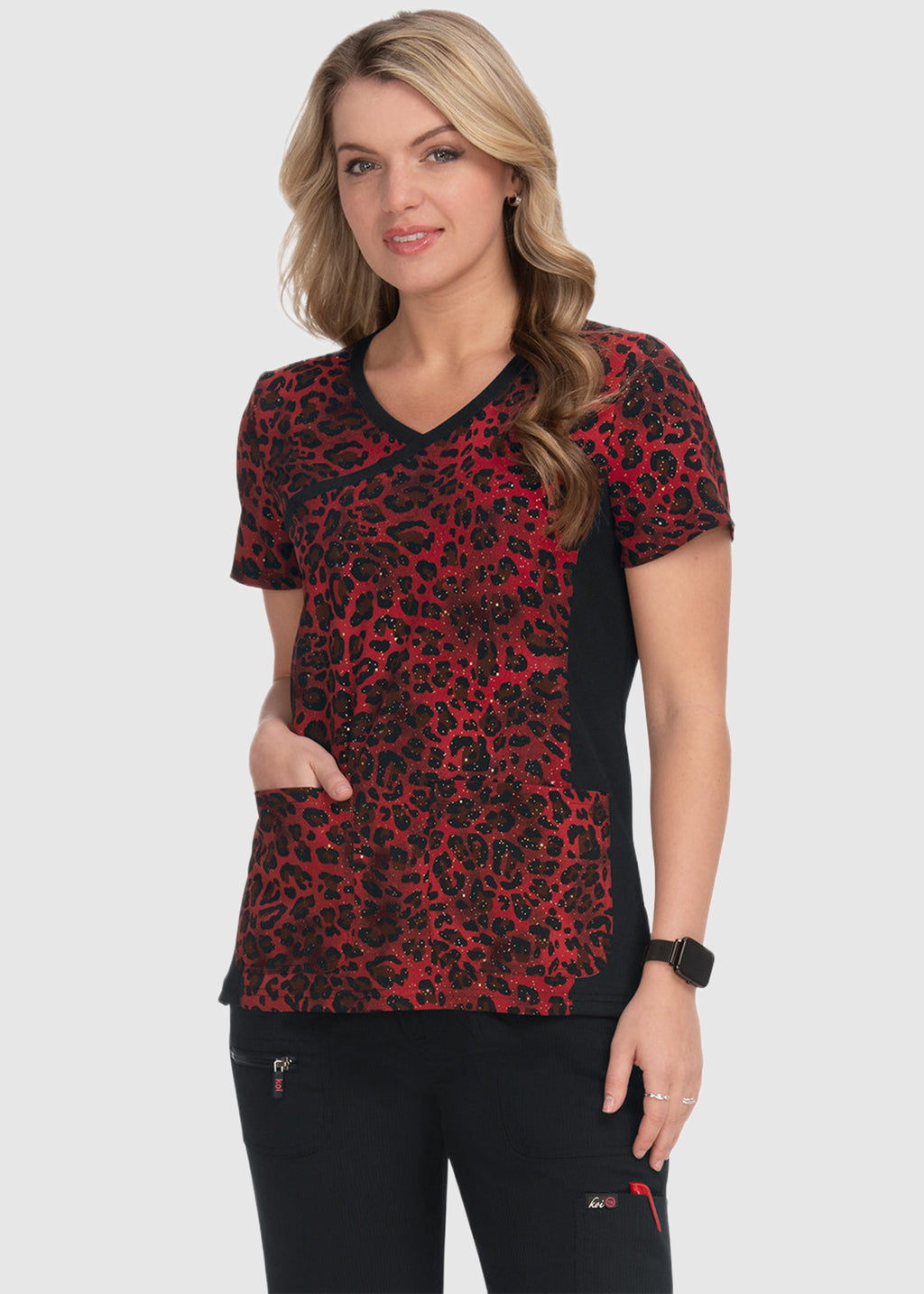 Koi LIte 385PR Raquel 3-Pocket Stretch Holiday Cheetah Foil Print Scrub ...